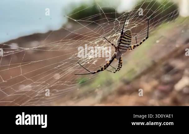 A spider skillfully spins its web near the waters edge displaying stunning patterns and bright ...