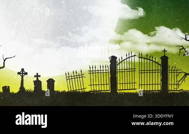 Spooky Graveyard Silhouette with Open Gate and Twisted Trees Stock ...