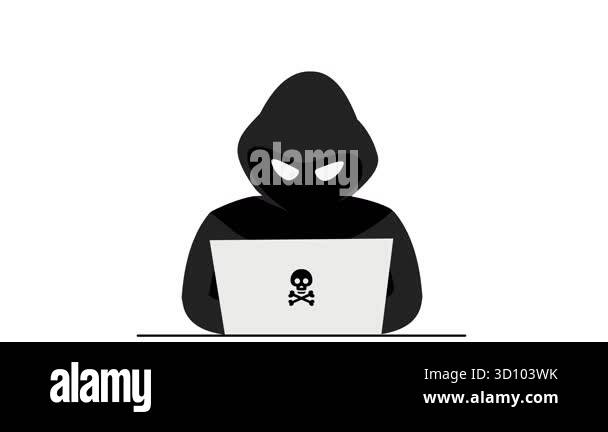 animation of a hacker or hacker in a black hoodie sitting in front of a ...