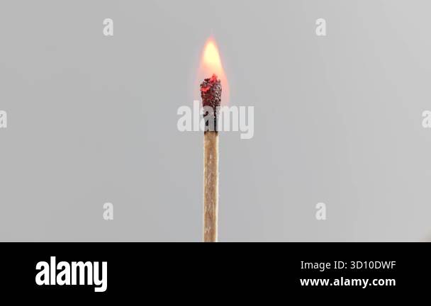 Single matchstick burning with flame against grey background. High ...