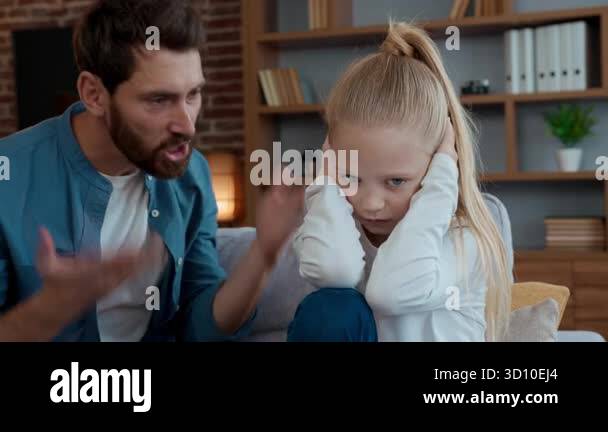 Caucasian family problem angry father yelling argument to sad daughter ...