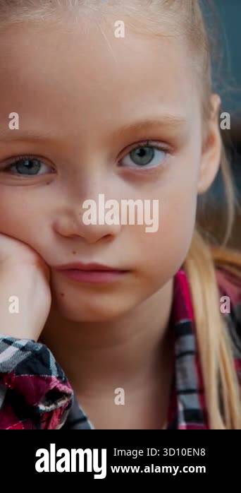 Portrait Caucasian little boring child girl kid daughter looking at ...