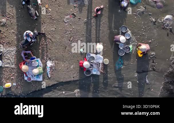 Aerial view of a small coastal small fish market in Ninh Thuan, Vietnam ...