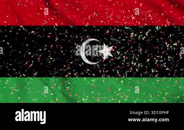 Libya flag seamless animation with paper confetti. Best stock of Libyan flag nation wave ...