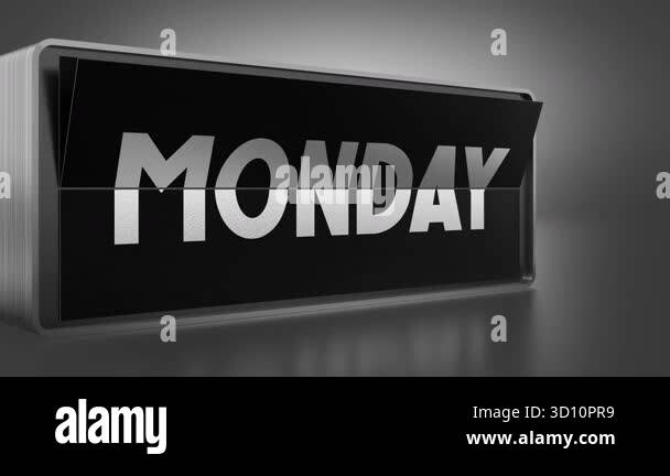 Rotating black flip calendar changing days of a week from Sunday to ...