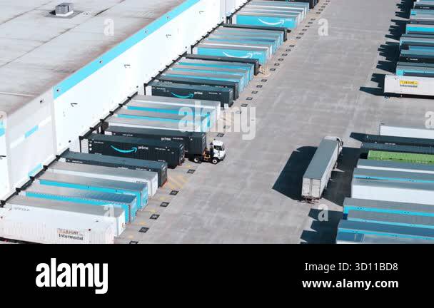 Aerial view of logistics yard with semi-truck trailers. Yard trucks ...