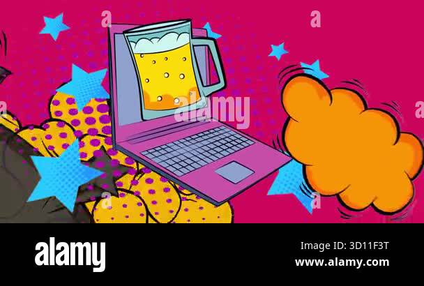 Cartoon Laptop, comic book Notebook with Beer glass. Retro cartoon ...
