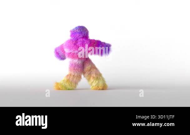 3d happy colorful cartoon character monster jumping and dancing. Furry ...