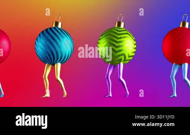 Funny new year loop animation of 3d balls ornaments with legs dancing ...
