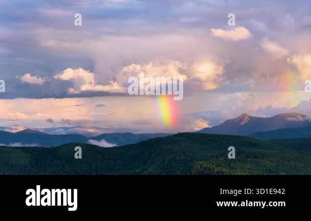 Drone video showing panoramic rainbow view above Trijeska peak and wide ...