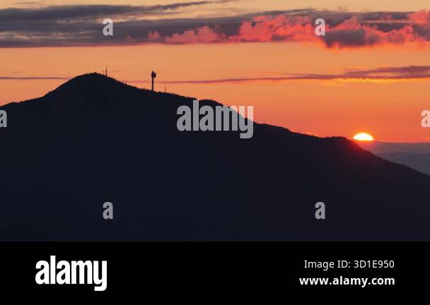 Drone view of Trebevic mountain at sunset, iconic ridge and tower in ...