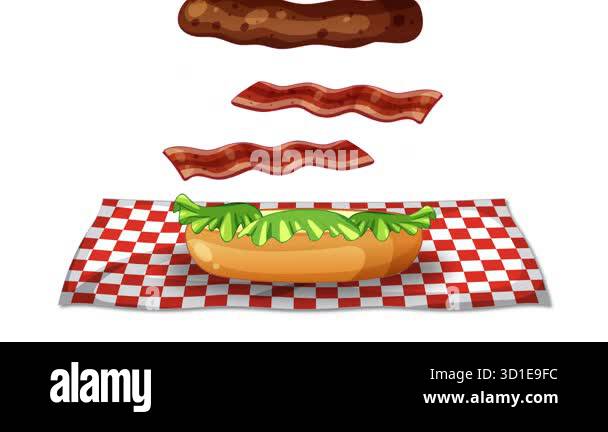 A layered burger animation with vibrant ingredients assembling on a ...