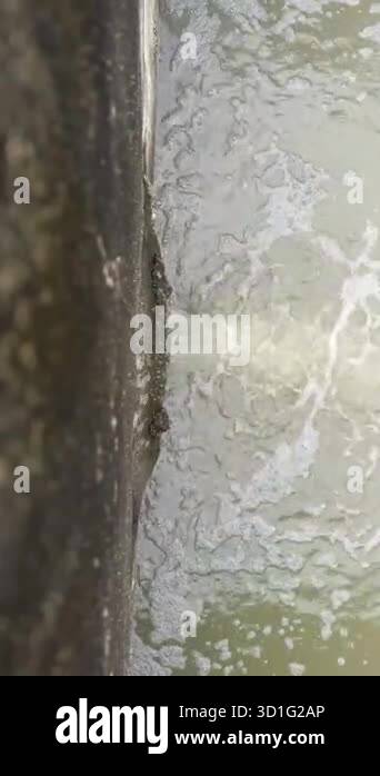 Sewage outfall pipe wastewater discharge with foamy water along ...