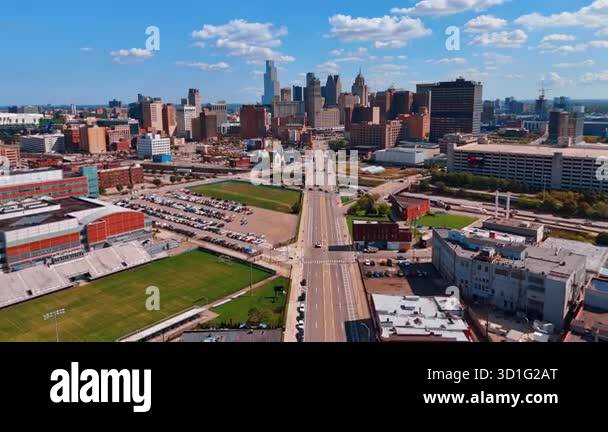 Detroit, USA, 22 July 2025: Footage over the wide-lane motorway leading ...