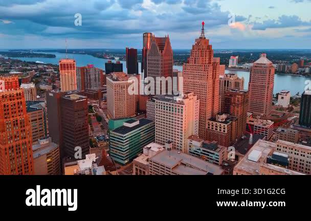 Detroit, USA, 22 July 2025: Soft light of sunset coloring the facades ...