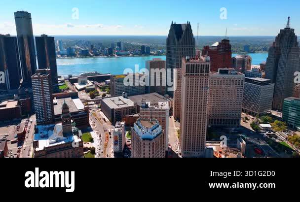Detroit, USA, 22 July 2025: Flying above the urban landscape of modern ...