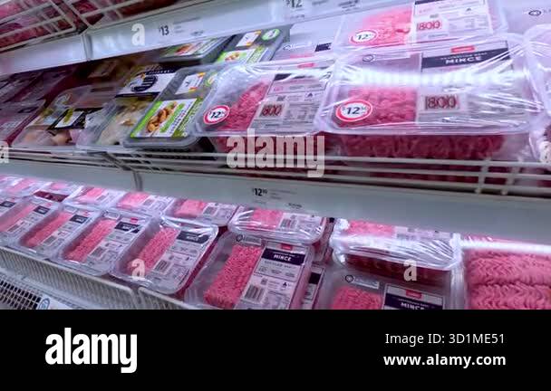 A supermarket aisle showcasing various packaged minced meat products ...