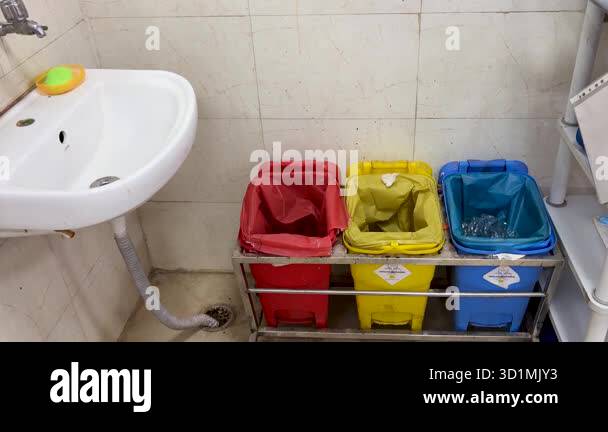 biomedical waste bins red, yellow, blue for segregation with hospital ...