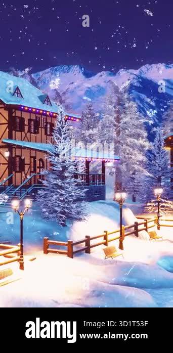 Cozy snow covered alpine village high in mountains with illuminated ...