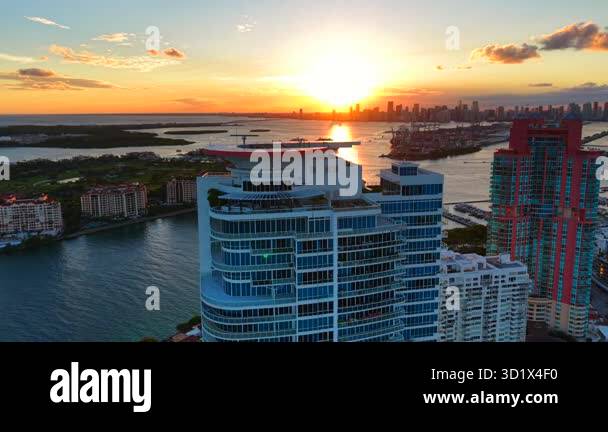 Beautiful Miami sunset. 4k drone stock video view of towers port and ...
