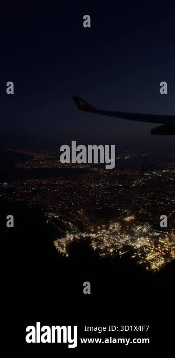 Turkey - June 28, 2025: Wing view, night flight on an Airplane, view of ...