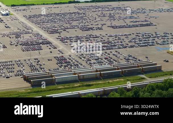 Long haul train auto racks for new cars transport at production factory ...