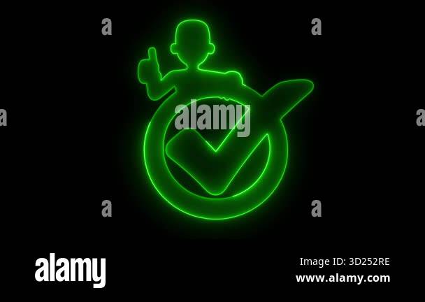 Glowing neon line man character giving thumbs up beside check mark ...