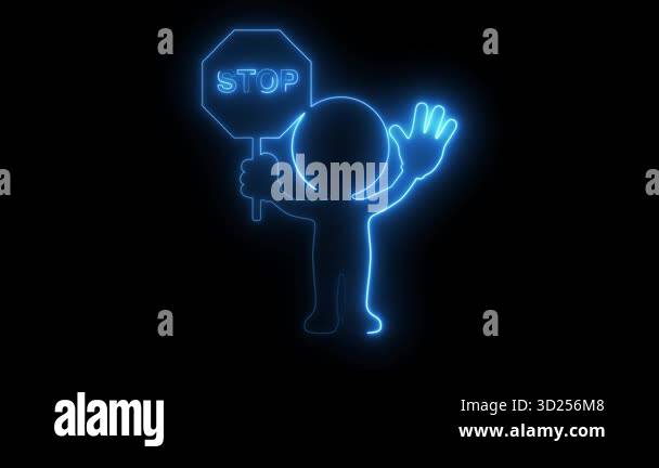 Neon line man character holding stop sign and waving hello symbolizing ...