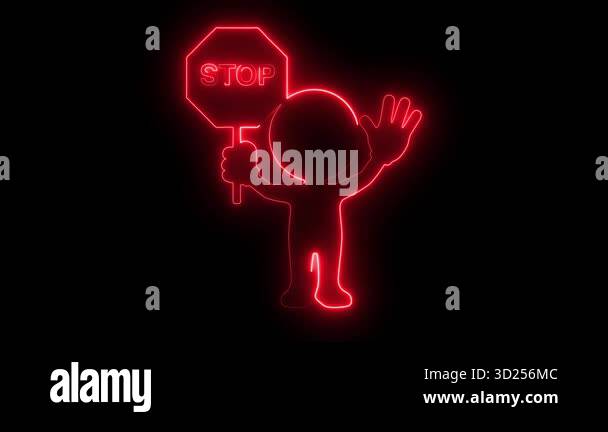 Neon line man character holding stop sign and waving hello symbolizing ...