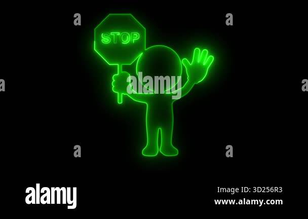 Neon line man character holding stop sign and waving hello symbolizing ...
