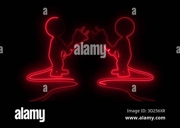 Glowing neon line two figures connecting electrical plugs symbolizing ...