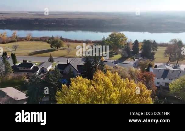 Aerial video of Lawson Heights Saskatoon in fall, showing colorful ...