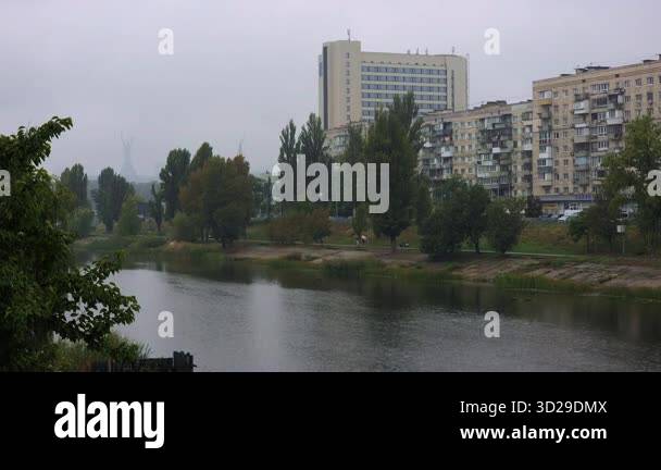 Dreary urban scene of Kyiv, Ukraine showing the Motherland monument ...