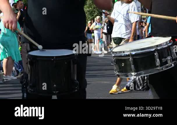 Belgrade, Serbia - June 28, 2025: Musical performers are playing drums ...