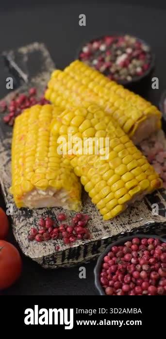 Corn cob cooked in chunks, vegetables, healthy vegetarian food. Boiled ...