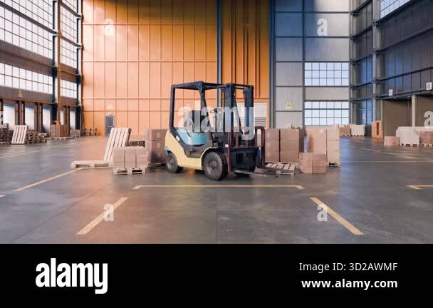 Modern forklift maneuvering and stacking cardboard boxes on wooden ...