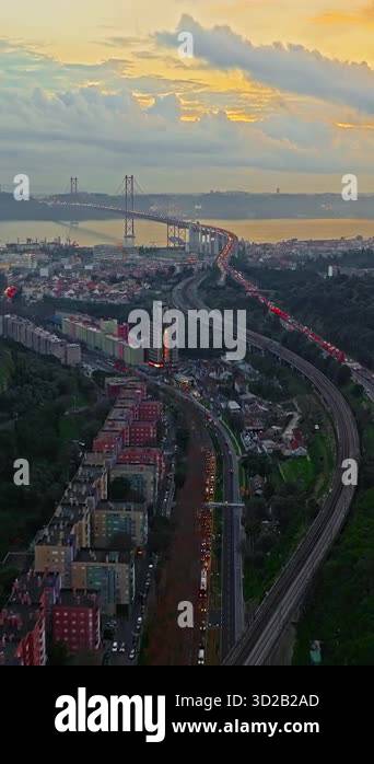 Aerial view of night scape of Lisbon skyline Portugal. Night Stunning Landscape. Lisbon ...