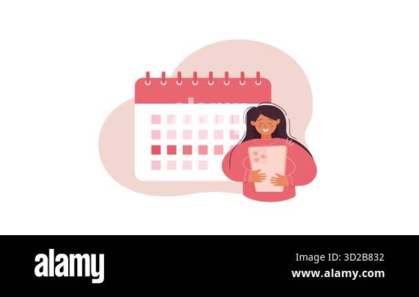 Animated woman managing her schedule with calendar and planning events ...