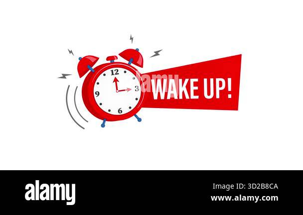 Animated alarm clock ringing with red banner isolated on white and ...