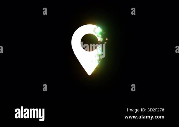 Pixelated white location icon glowing and fading against dark ...