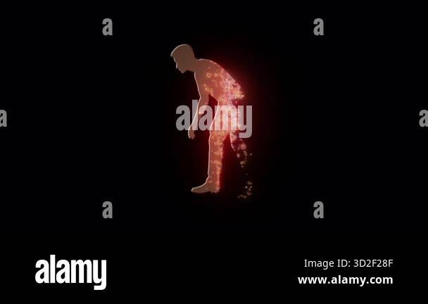 Human body gradually dissolving into vibrant green particles, revealing ...