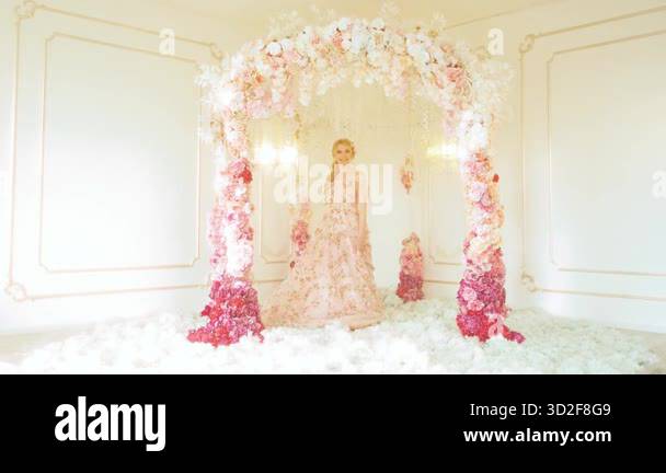 Portrait fantasy blonde woman dancing spinning, smiling joyful face ...