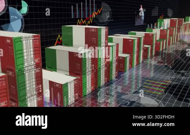 Italy export production and import cargo containers on charts and ...