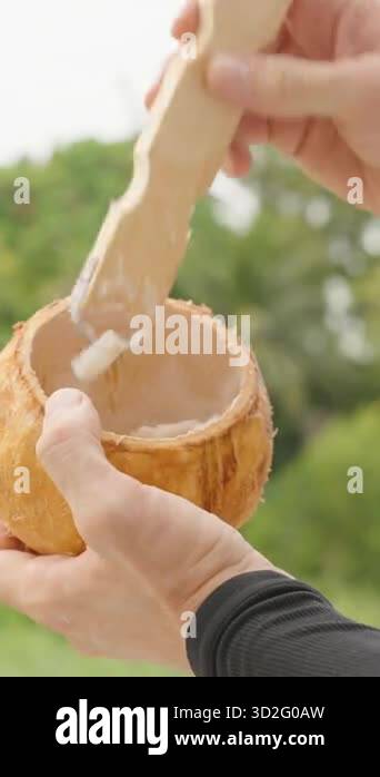 Vertical video. Person Removing a Chunk of White Coconut Meat from ...