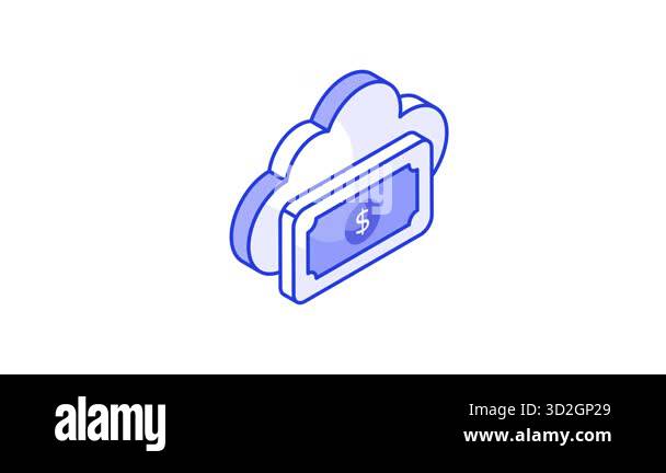 Dollar note with cloud denoting isometric animated icon of cloud money ...