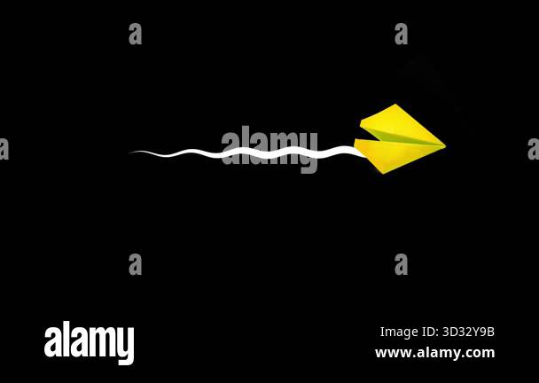 2D animation of a yellow paper airplane flying with wavy white trails ...