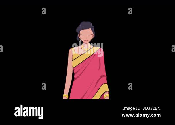 Anime-style Indian woman in traditional pink saree doing Namaste ...