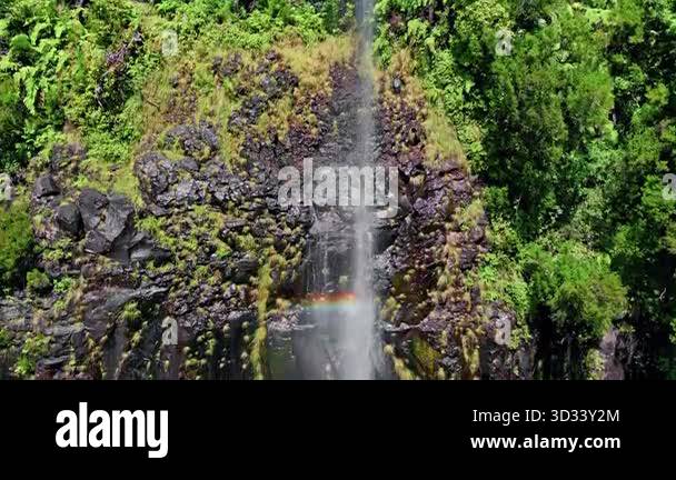 Forest water flowing pond drone view. Nature waterfall cascading rocky ...
