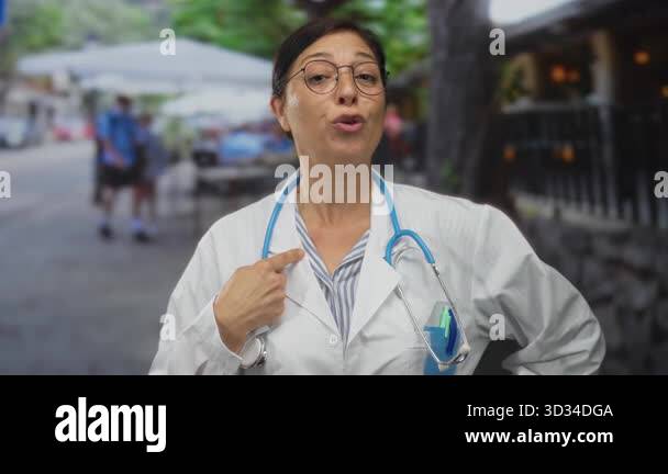 Woman doctor with stethoscope finger pointing to her chest on a ...