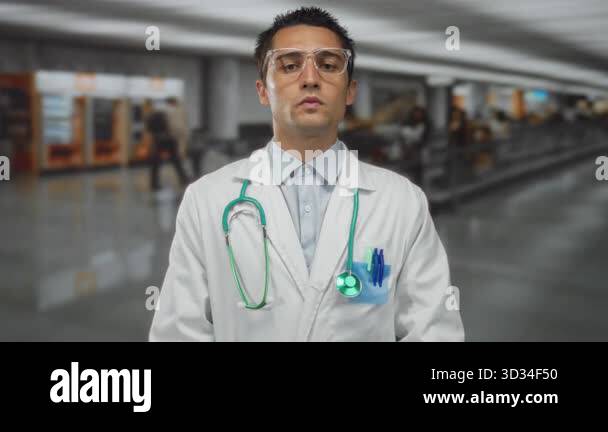 Young hispanic male doctor with stethoscope stands confidently in ...
